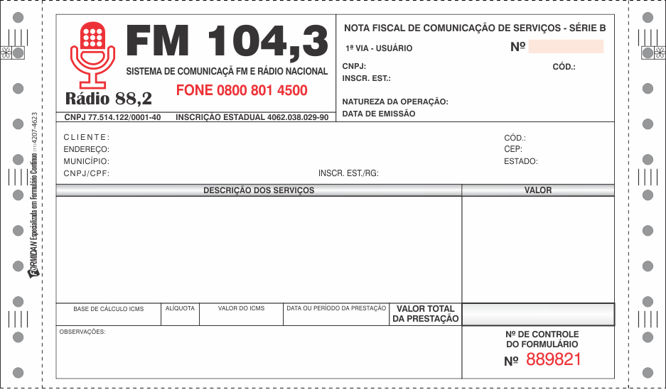 Nota Fiscal de Comunicação Modelo 21 – Formidan Formulário Contínuo